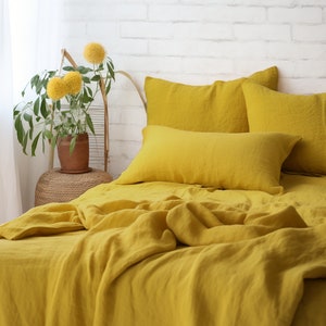 Mustard Linen Sheet Set 1 Flat Sheet and 1 Fitted Sheet and 2 ...