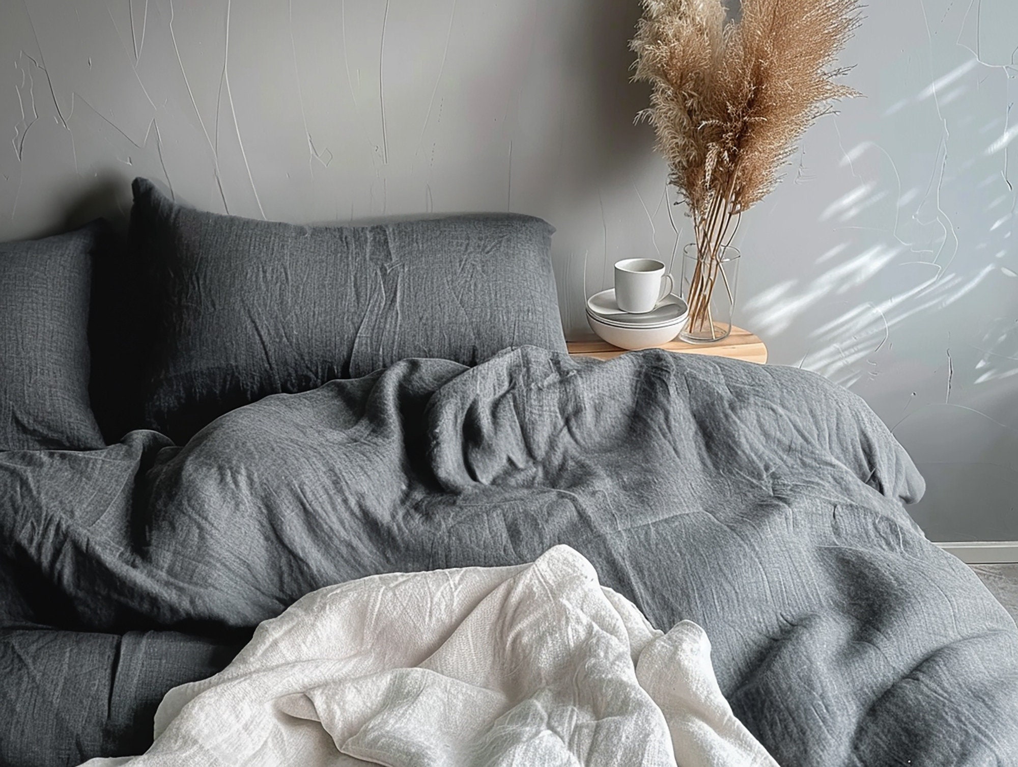 Dark Gray Melange Linen Bedding Set Duvet Cover and 2 Pillowcases in ...