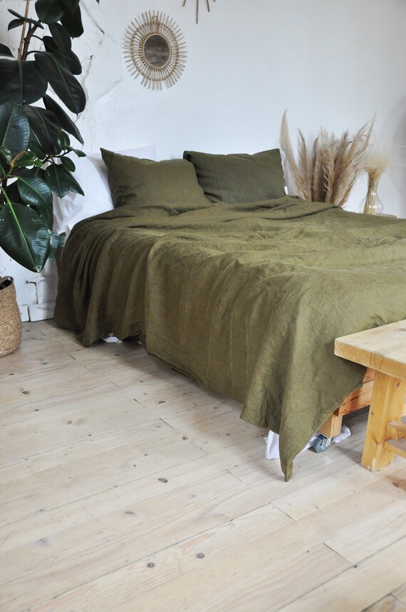 Dark Olive Linen Sheet Set / 1 Flat Sheet 1 Fitted Sheet 2 | Etsy
