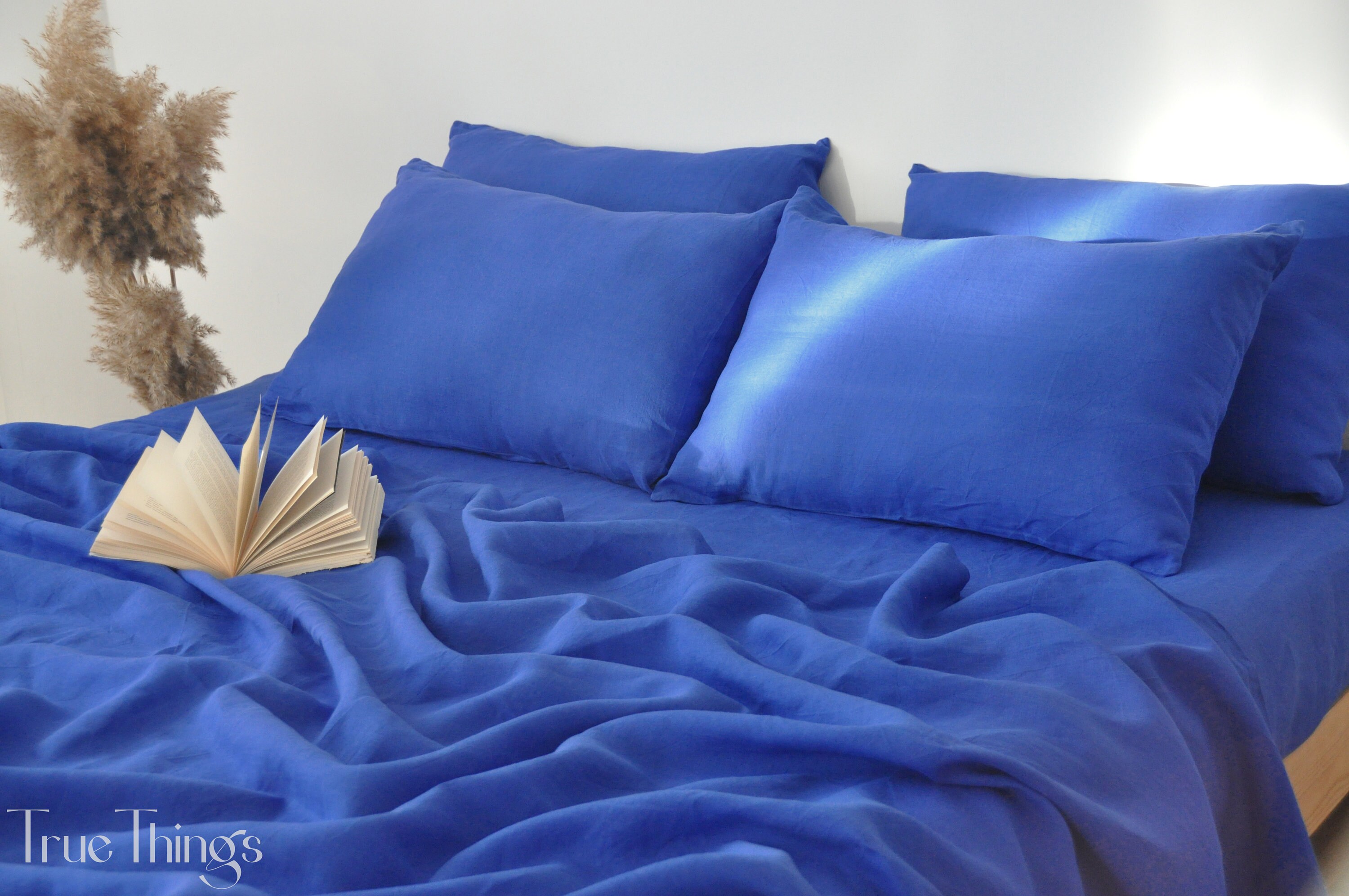 Royal Blue Linen Sheet Set 1 Flat Sheet and 1 Fitted Sheet and 2 ...