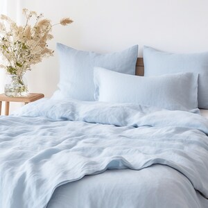 Sky Blue Melange Linen Bedding Set 1 Duvet Cover and 2 Pillowcases in ...