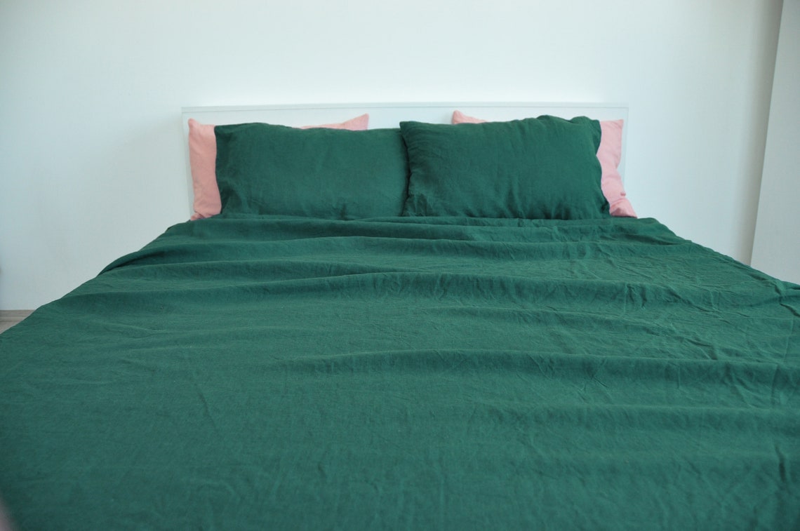 Forest green linen sheet set / 1 flat sheet 1 fitted sheet | Etsy