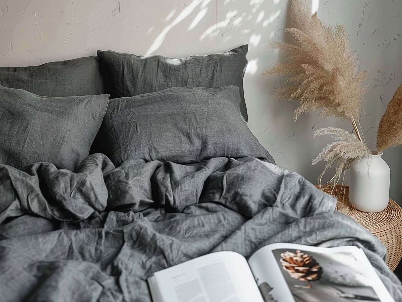 Dark Gray Melange Linen Bedding Set Duvet Cover and 2 Pillowcases in ...
