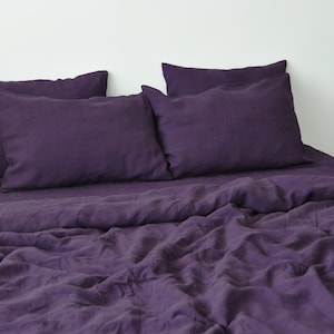 Deep Purple Linen Bedding Set 1 Duvet Cover and 2 Pillowcases in Dark ...