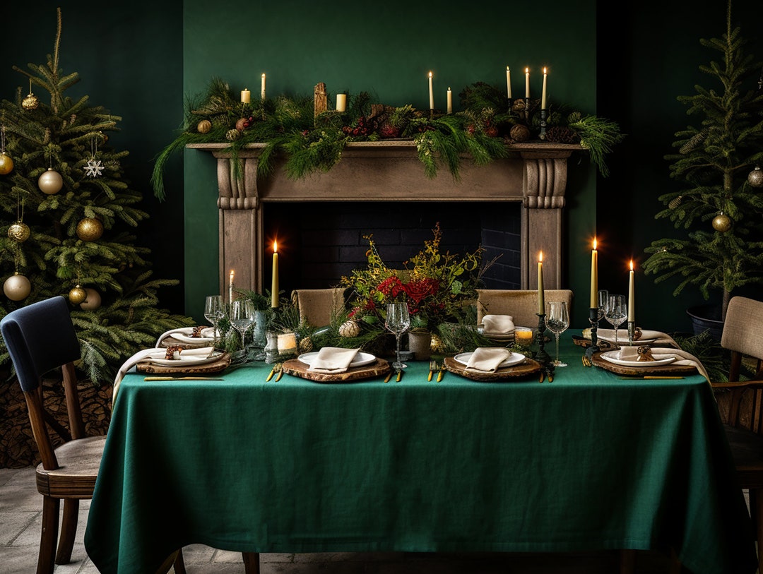 Forest Green Rectangle Linen Tablecloth Christmas Theme Round Square ...