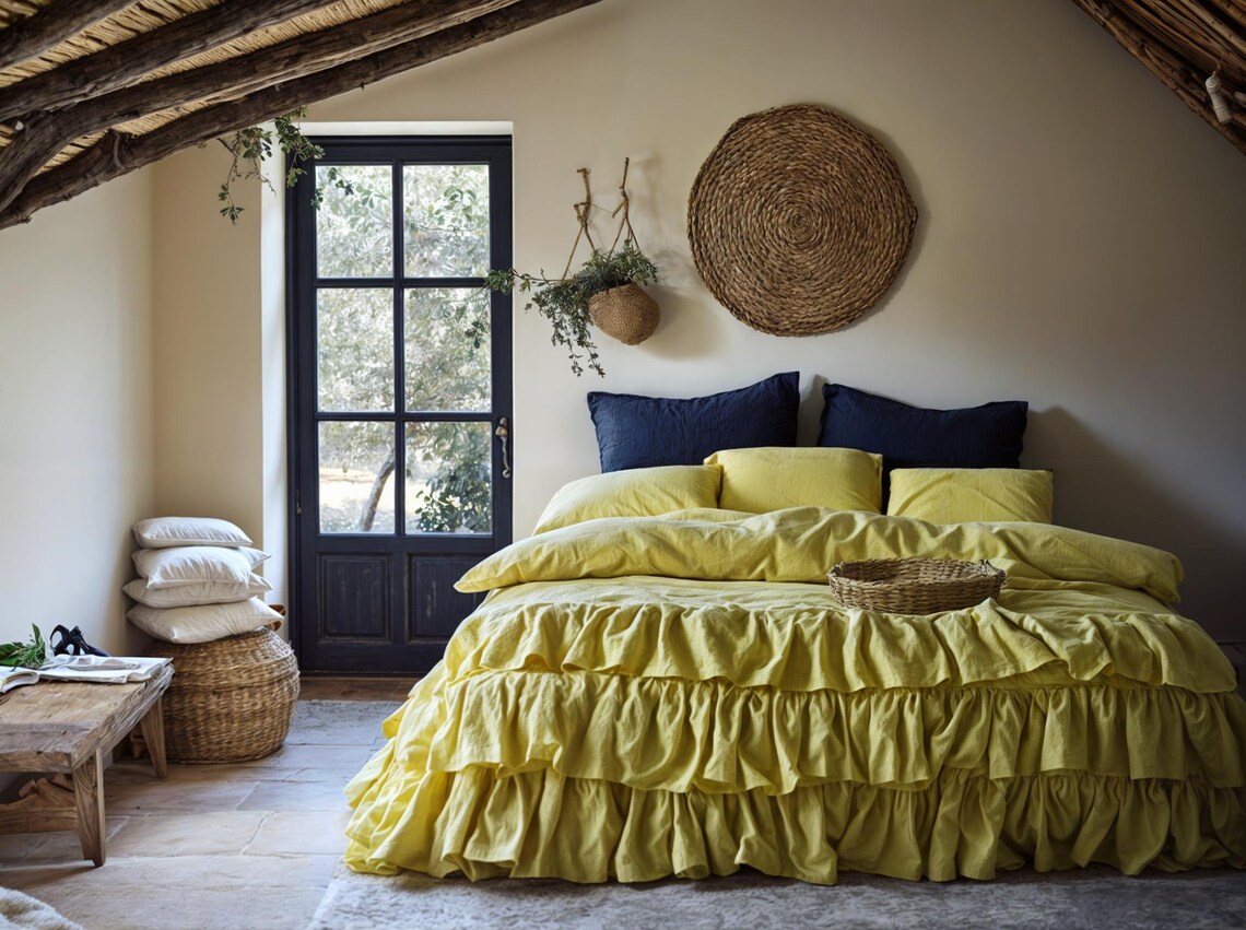 Chartreuse Yellow Linen Triple Ruffled Duvet Cover 1 Duvet Cover ...