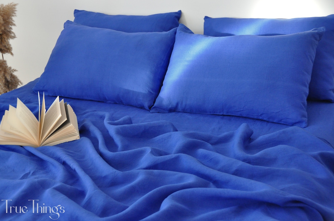 Royal Blue Linen Sheet Set / 1 Flat Sheet 1 Fitted Sheet 2 - Etsy