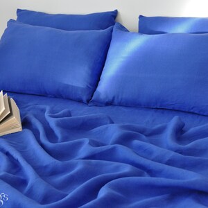 Royal Blue Linen Sheet Set 1 Flat Sheet and 1 Fitted Sheet and 2 ...
