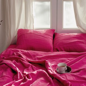 Fuchsia Linen Sheet Set 1 Flat Sheet and 1 Fitted Sheet and 2 ...