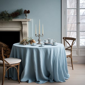 Sky Blue Rectangle Linen Tablecloth Christmas Theme Round Square ...