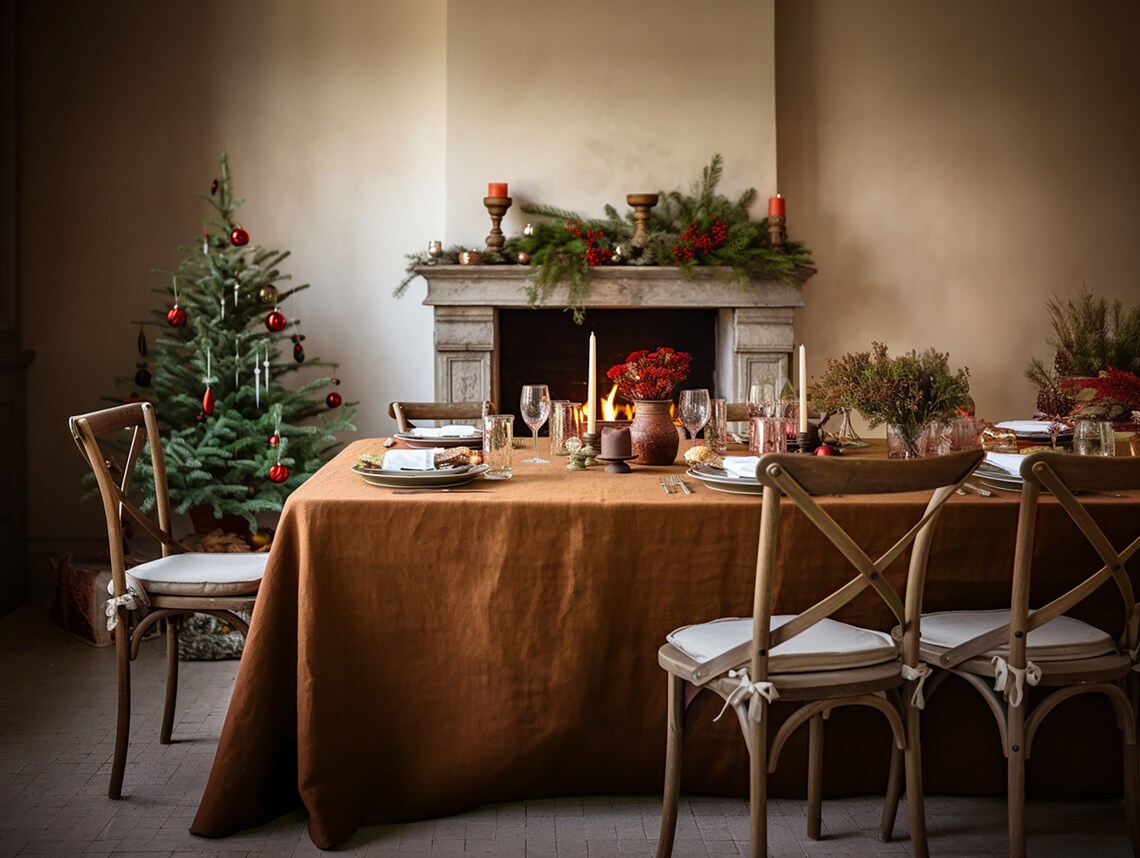 Cinnamon Round Linen Tablecloth Christmas Theme Rectangle Square ...