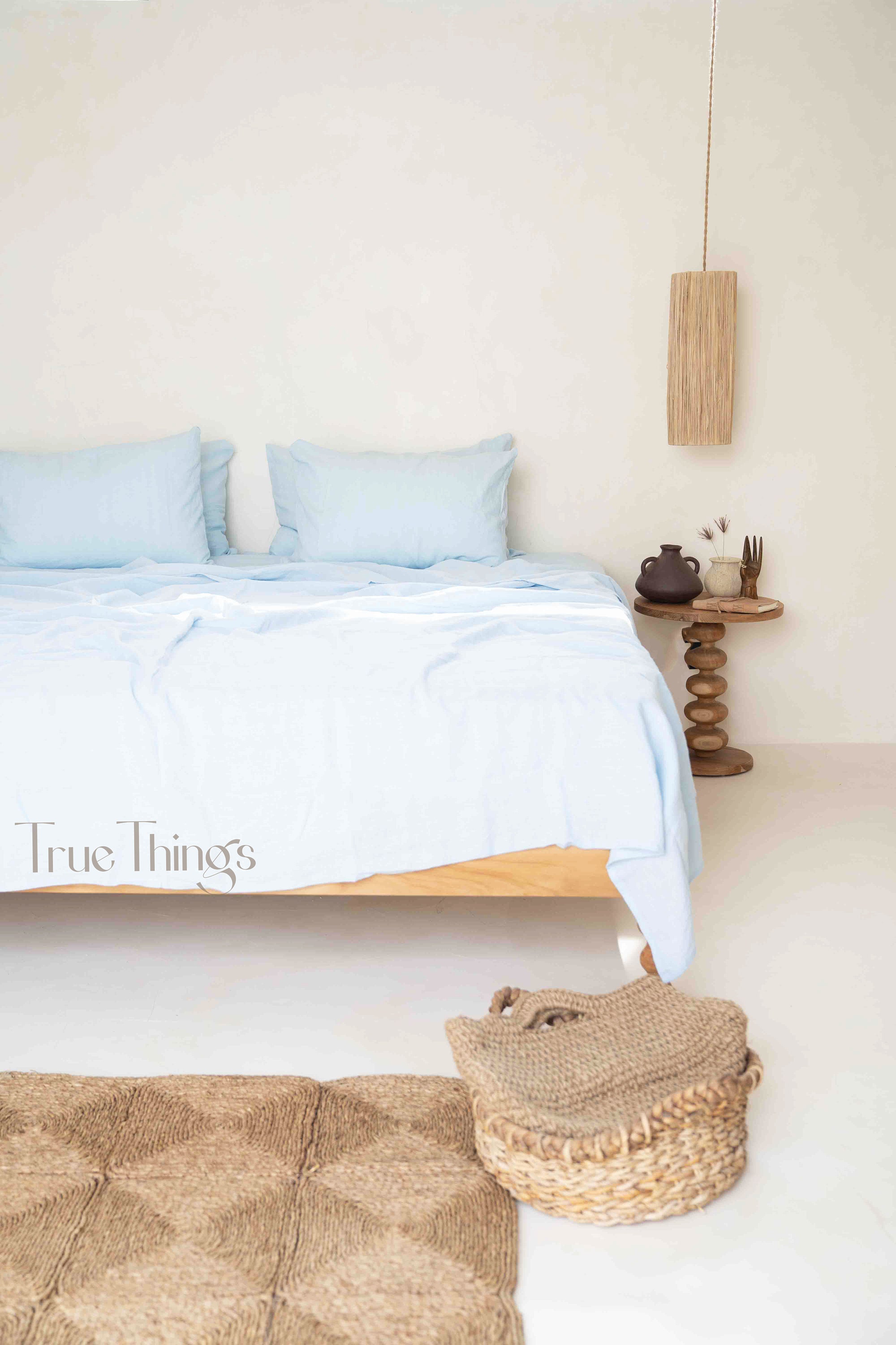 Sky Blue Linen Sheet Set 1 Flat Sheet and 1 Fitted Sheet and 2 ...
