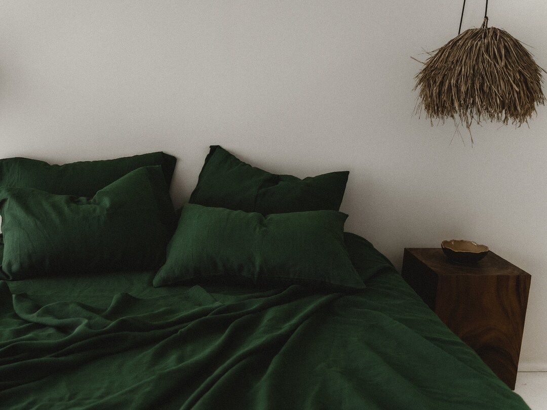 Forest Green Linen Sheet Set 1 Flat Sheet and 1 Fitted Sheet and 2 ...