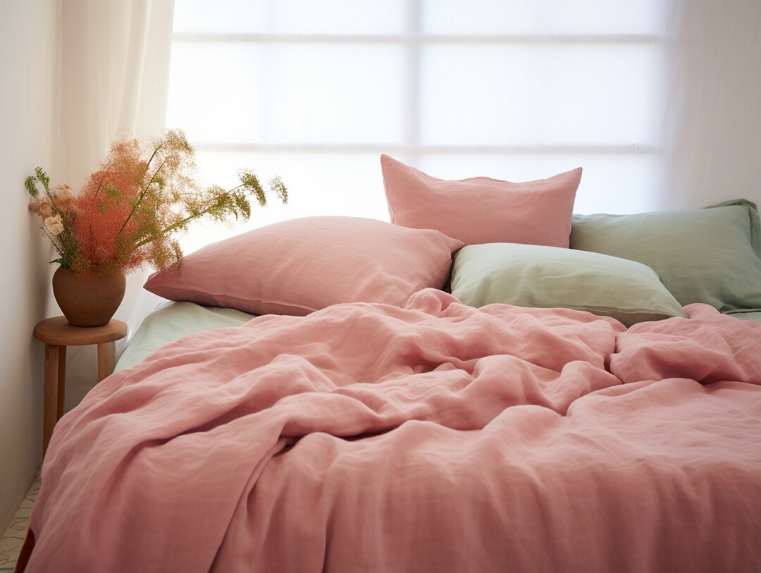 Sunset Pink Linen Bedding Set 1 Duvet Cover and 2 Pillowcases in Pink ...