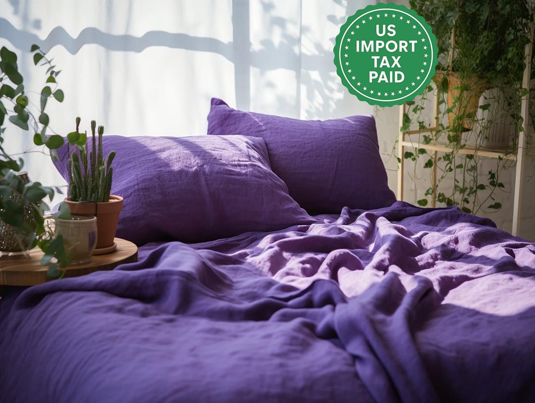 Violet Linen Bedding Set 1 Duvet Cover and 2 Pillowcases Softened Linen ...
