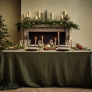 Dark Olive Round Linen Tablecloth Christmas Theme Rectangle Square ...