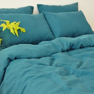 Teal Linen Bedding Set 1 Duvet Cover and 2 Pillowcases Softened Linen ...