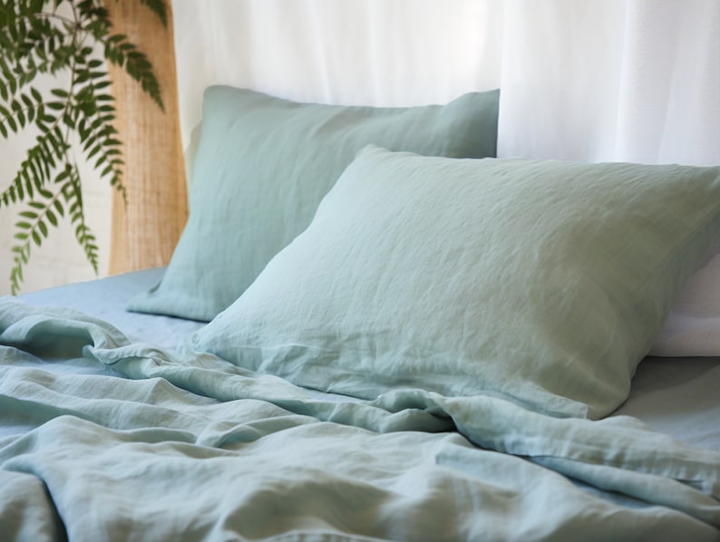 Sea Glass Linen Sheet Set 1 Flat Sheet and 1 Fitted Sheet and 2 ...