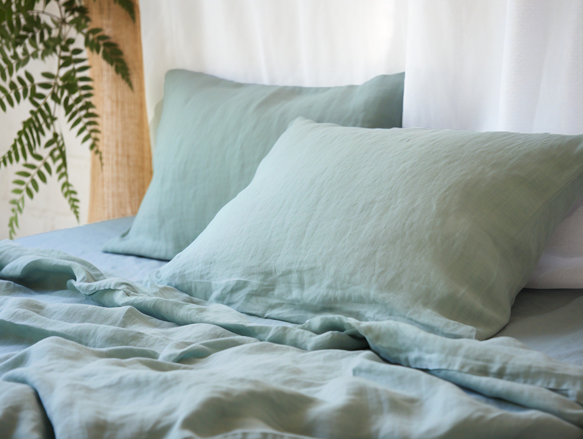Sea Glass Linen Sheet Set 1 Flat Sheet and 1 Fitted Sheet and 2 ...