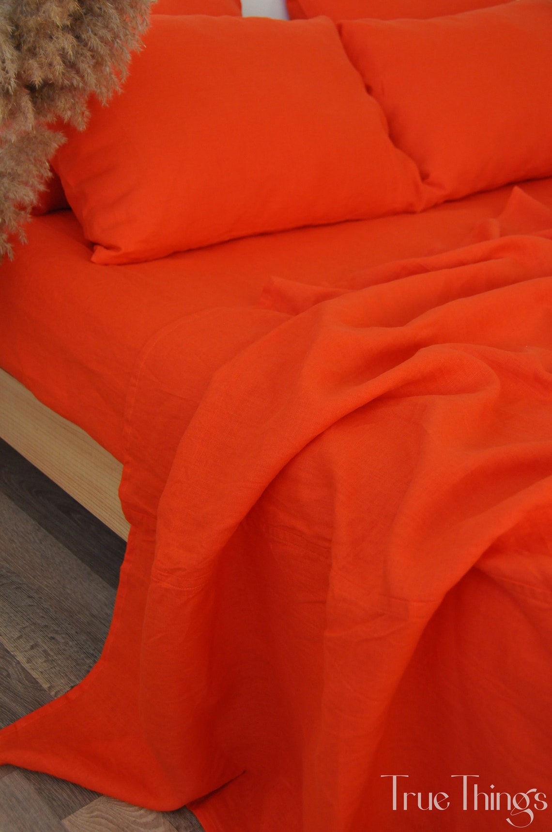 Bright Orange Linen Sheet Set 1 Flat Sheet and 1 Fitted Sheet and 2 ...