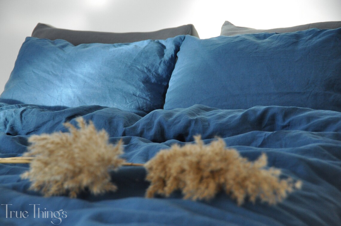 Ocean Blue Linen Bedding Set / 1 Duvet Cover 2 Pillowcases / - Etsy