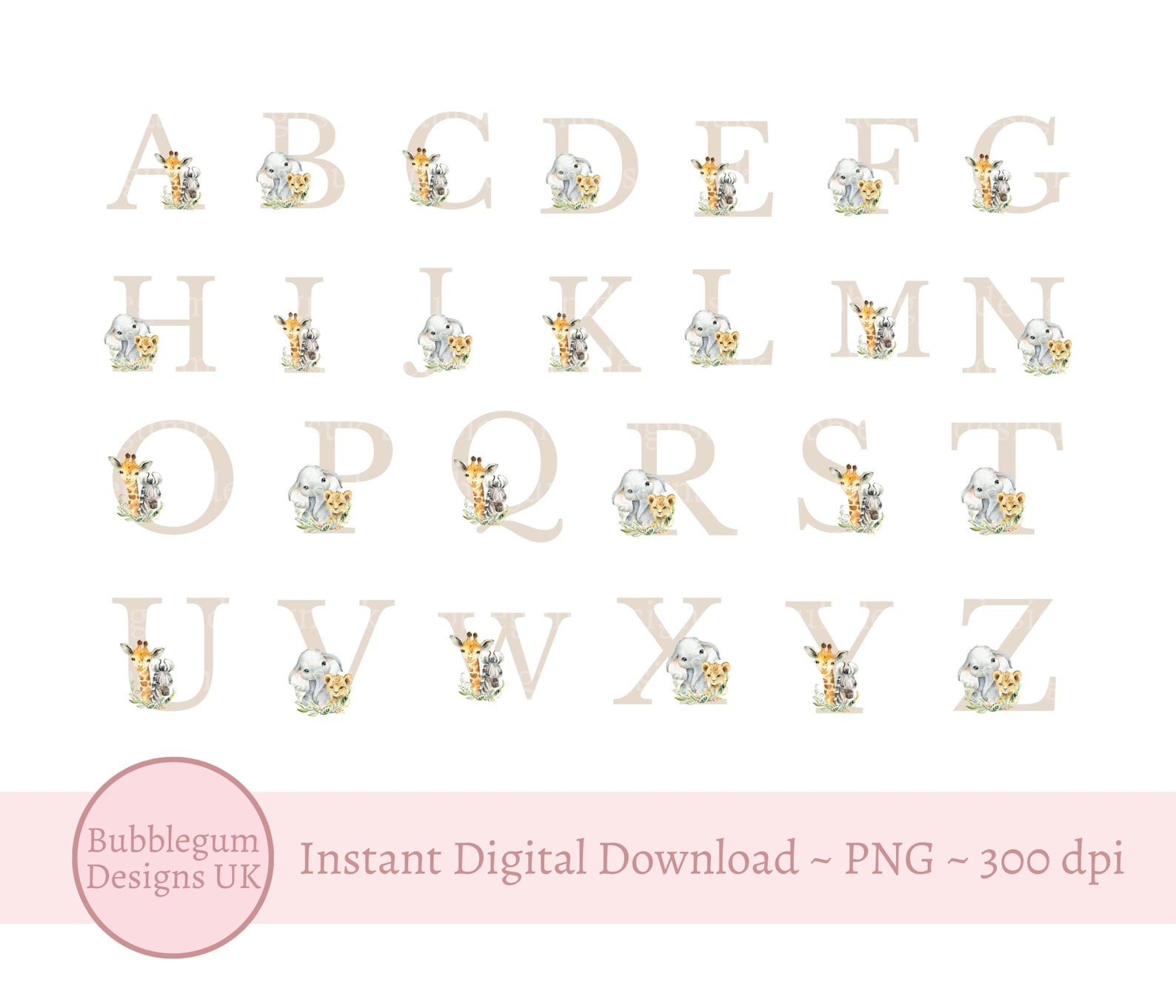 Beige Safari Animal Alphabet PNG, Baby Safari Animals, Elephant ...
