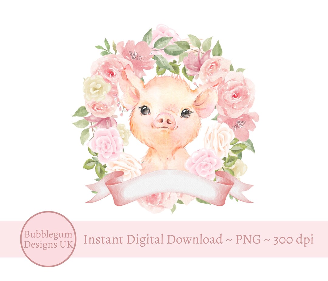 Baby Piglet in Pink Rose Wreath PNG, Watercolor Baby Farm Animal, Pig ...