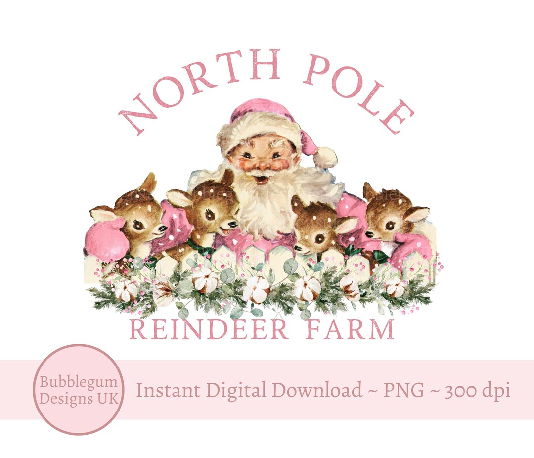 North Pole Pink Santa & Reindeers Christmas PNG, Christmas Clip Art ...