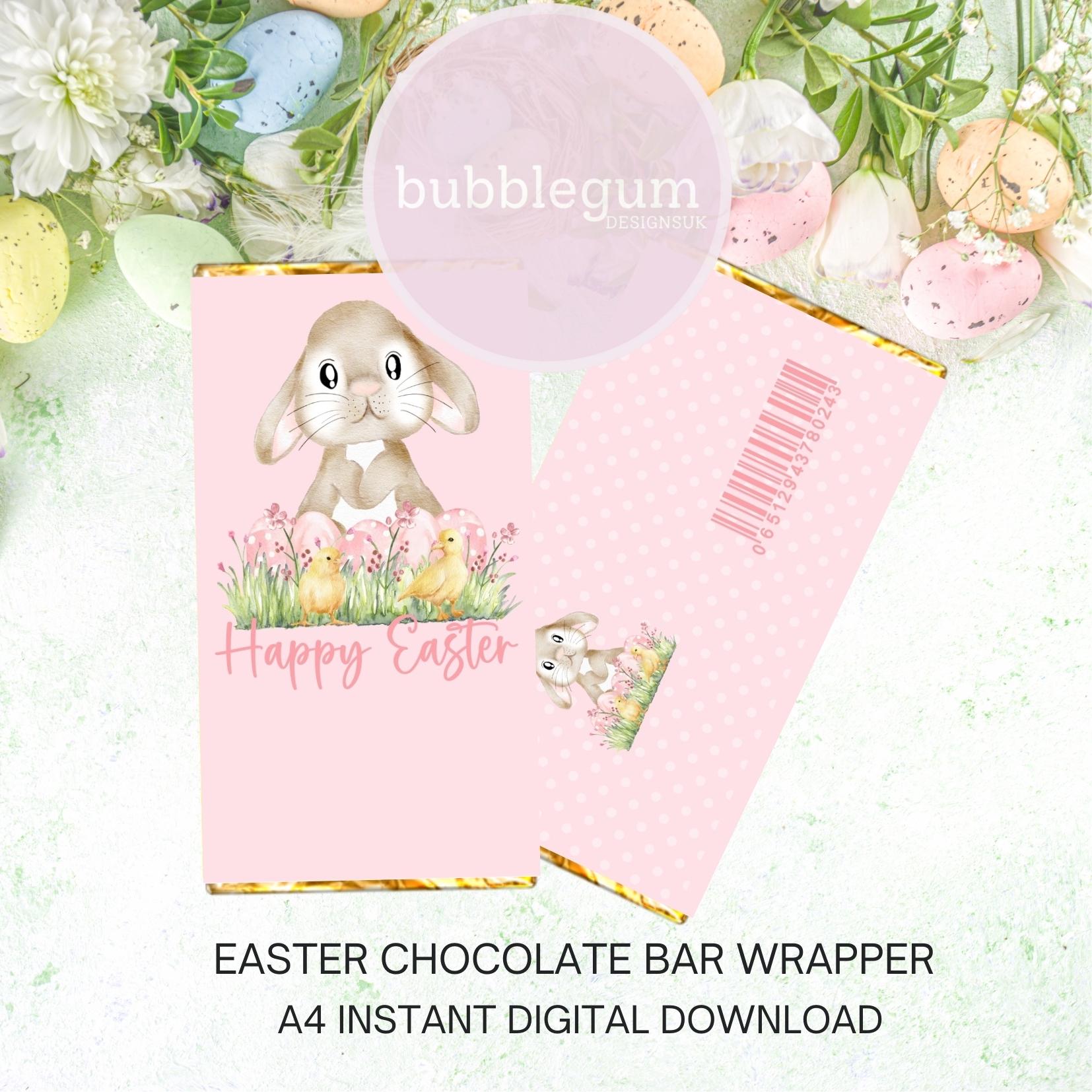 Printable Easter Chocolate Bar Wrapper, Pink Easter Bunny & Eggs Design ...