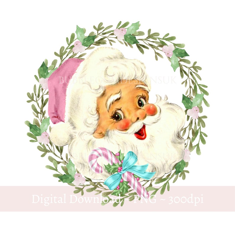 Pink Santa Christmas Wreath PNG Christmas Clip Art Vintage | Etsy