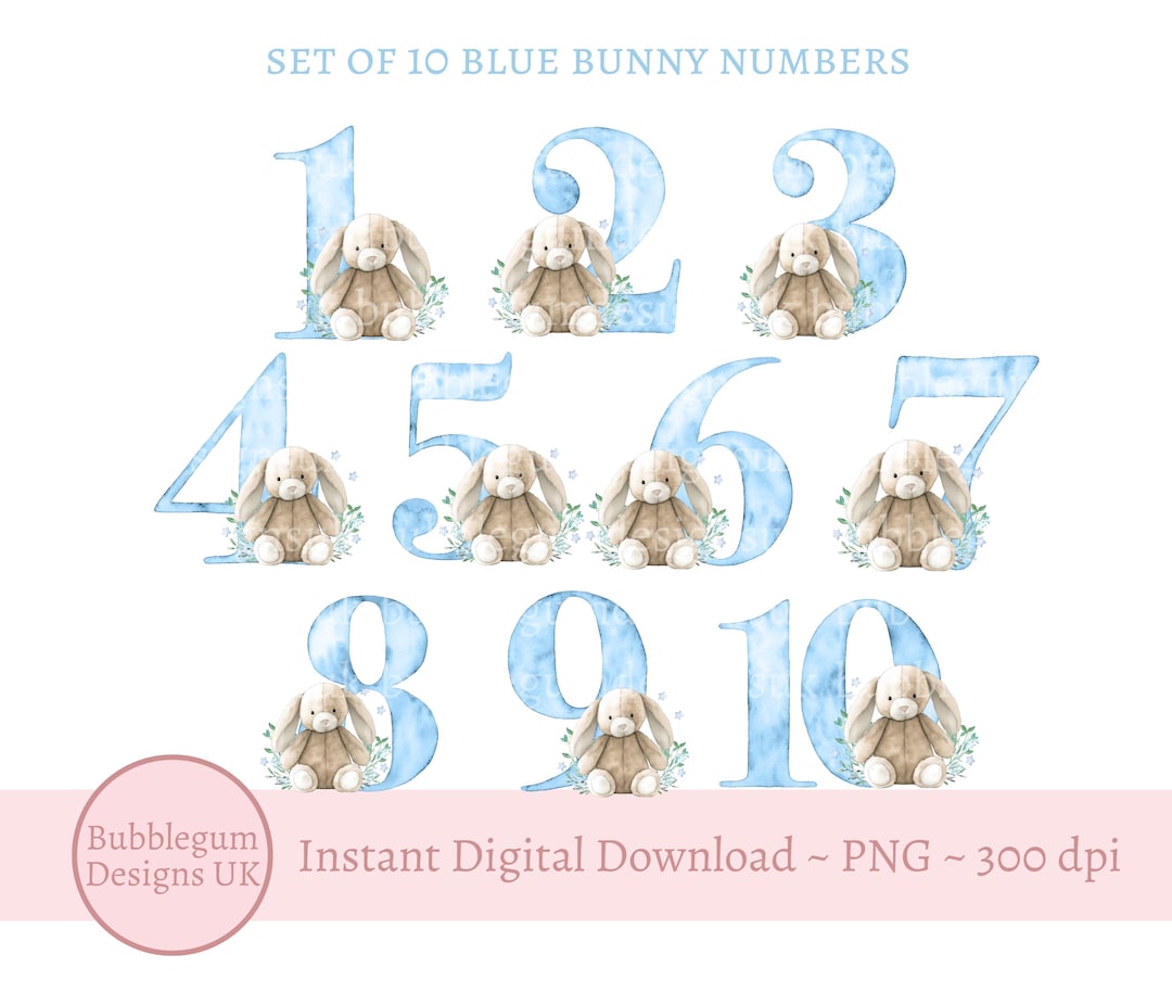 Lop Ear Bunny Blue Numbers Bundle Ages 1-10, PNG, Bear Sublimation ...