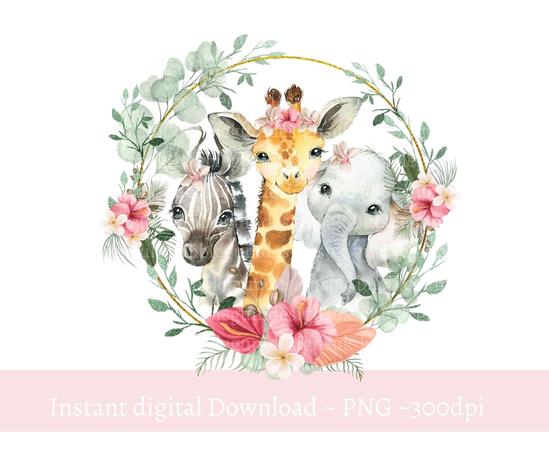 Baby Safari Animals Pink Floral Wreath PNG Wild One Two - Etsy