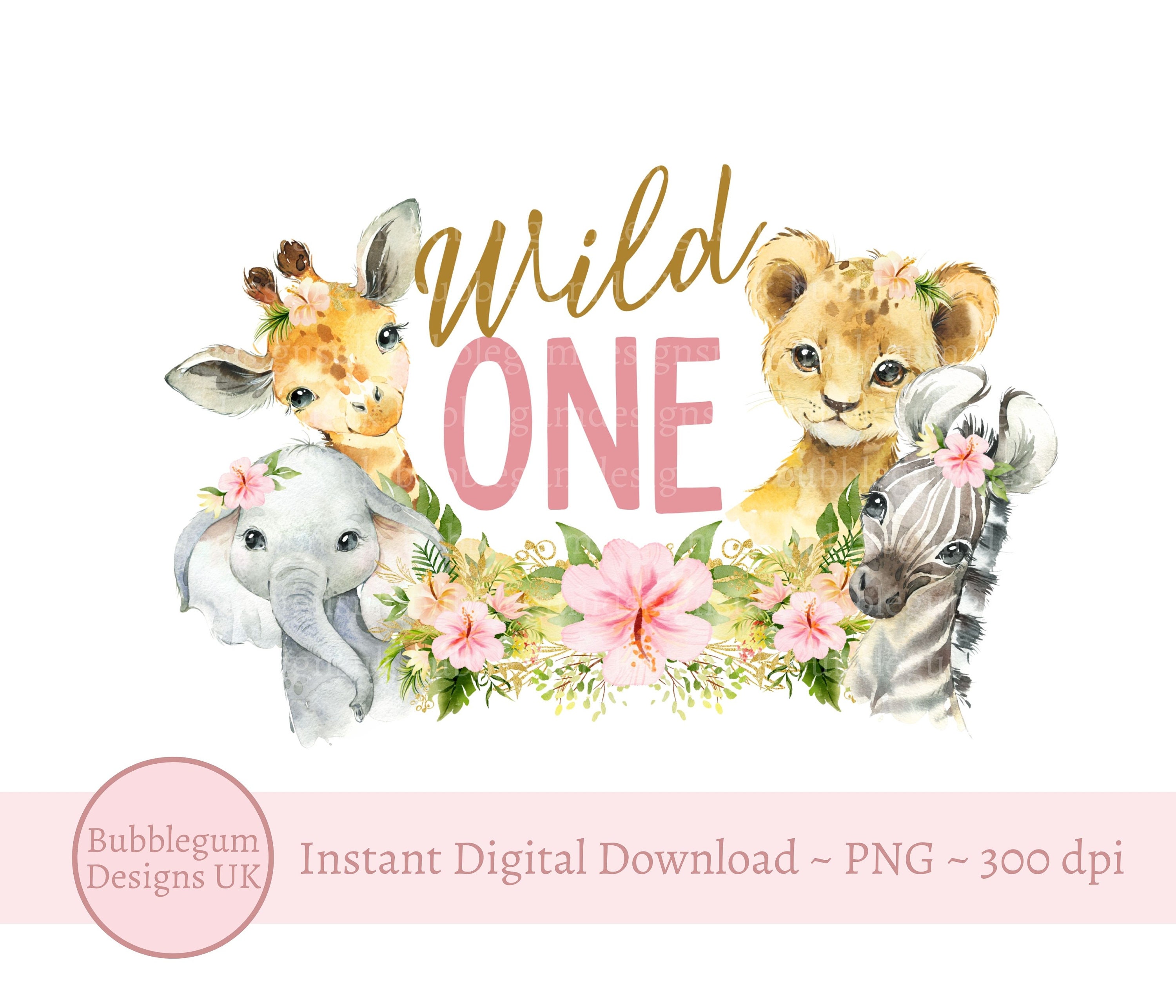Girls Wild One Baby Safari Animals in Flower Crowns PNG, First Birthday ...