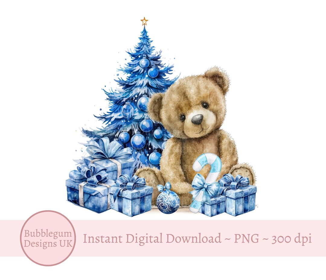 Blue Christmas Teddy Bear & Tree PNG, Christmas Bear, Baby's 1st ...