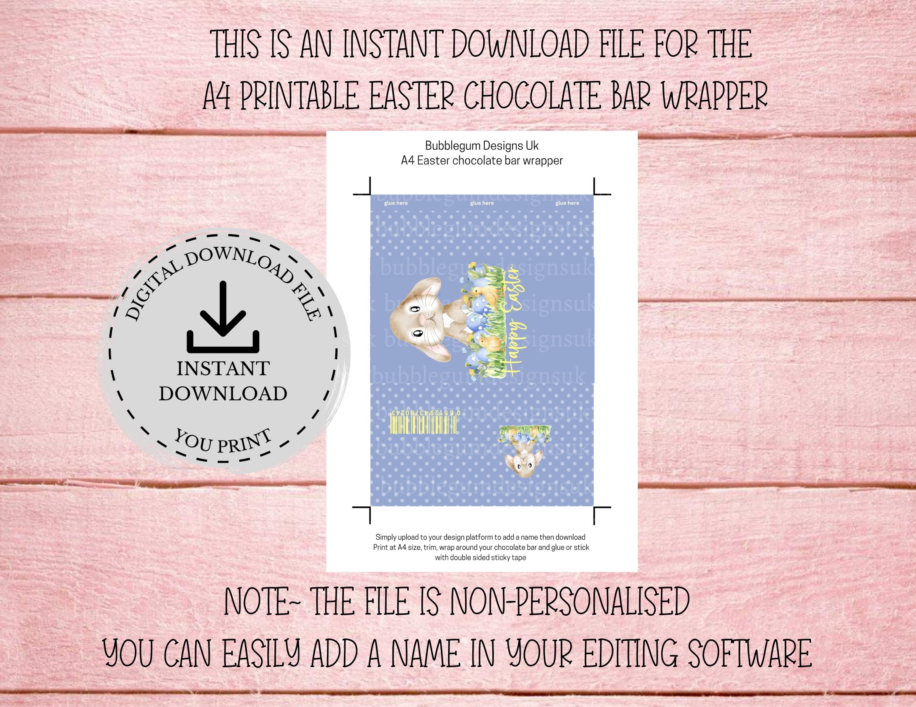 Printable Easter Chocolate Bar Wrapper, Blue Easter Bunny & Eggs Design ...