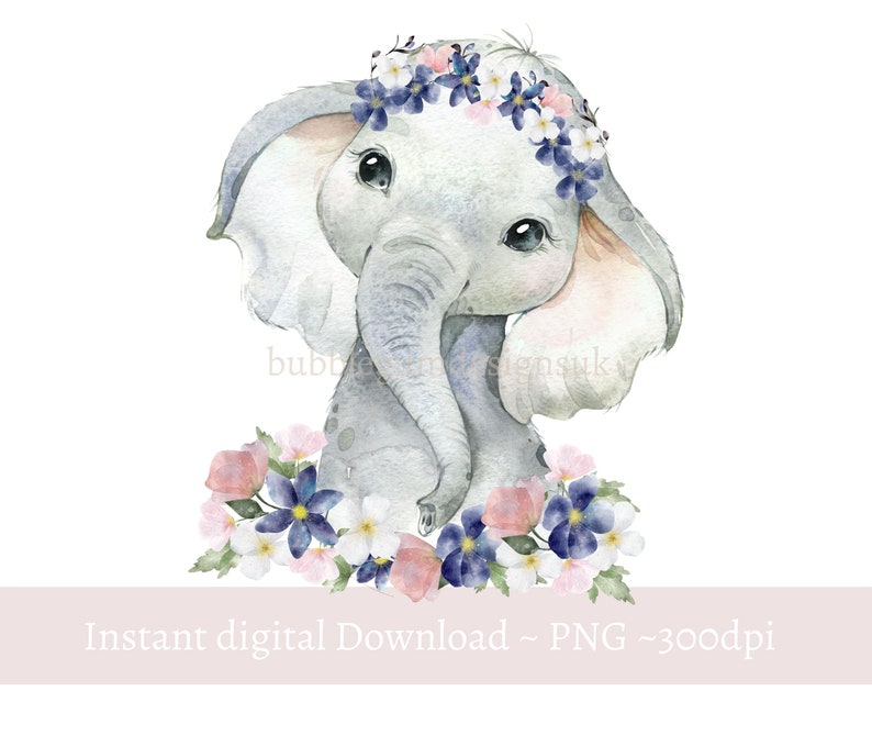 Baby Elephant Navy & Pink Floral Crown PNG Watercolor - Etsy