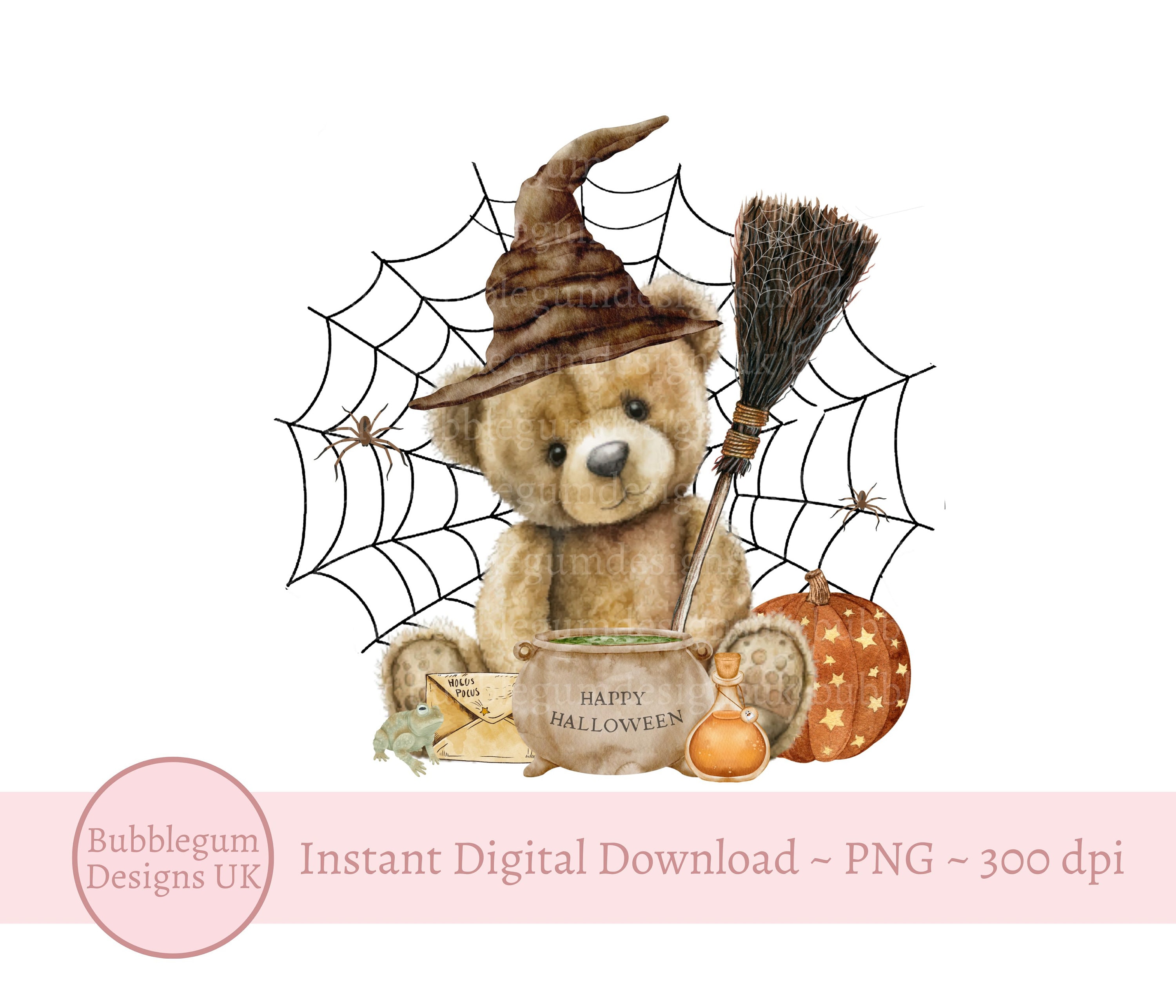 Happy Halloween Teddy Bear & Cauldron PNG, Teddy Bear Witches Hat and ...