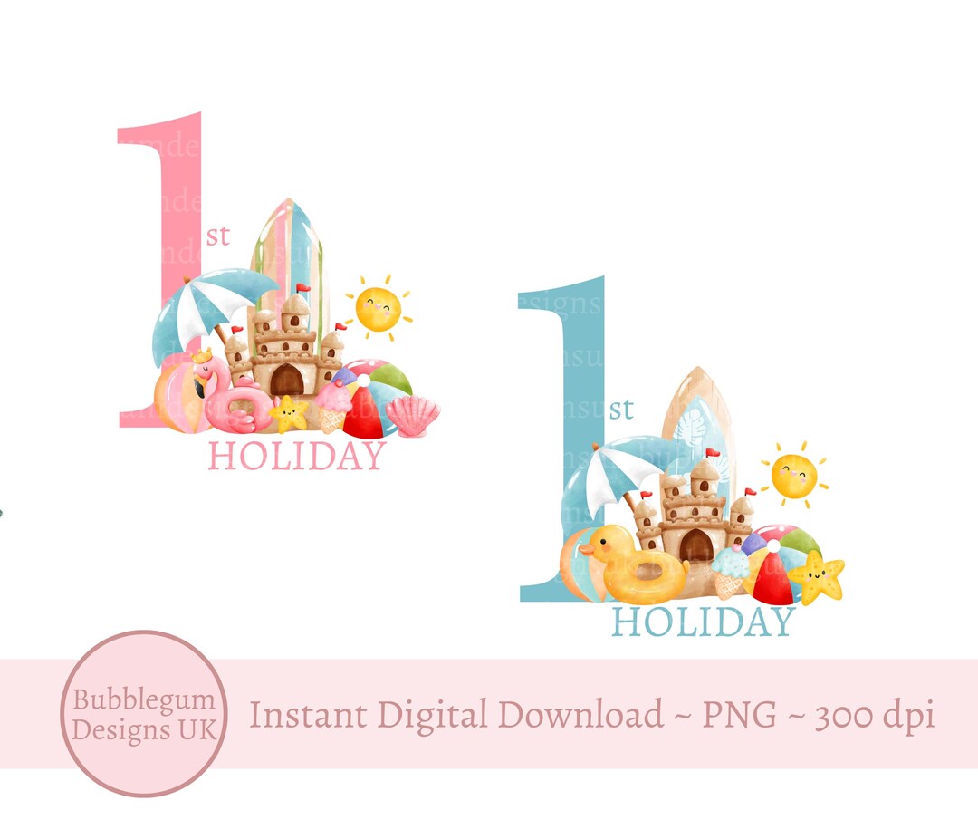Set of 2 Pink & Blue First Holiday PNG, Beach Holiday Design ...