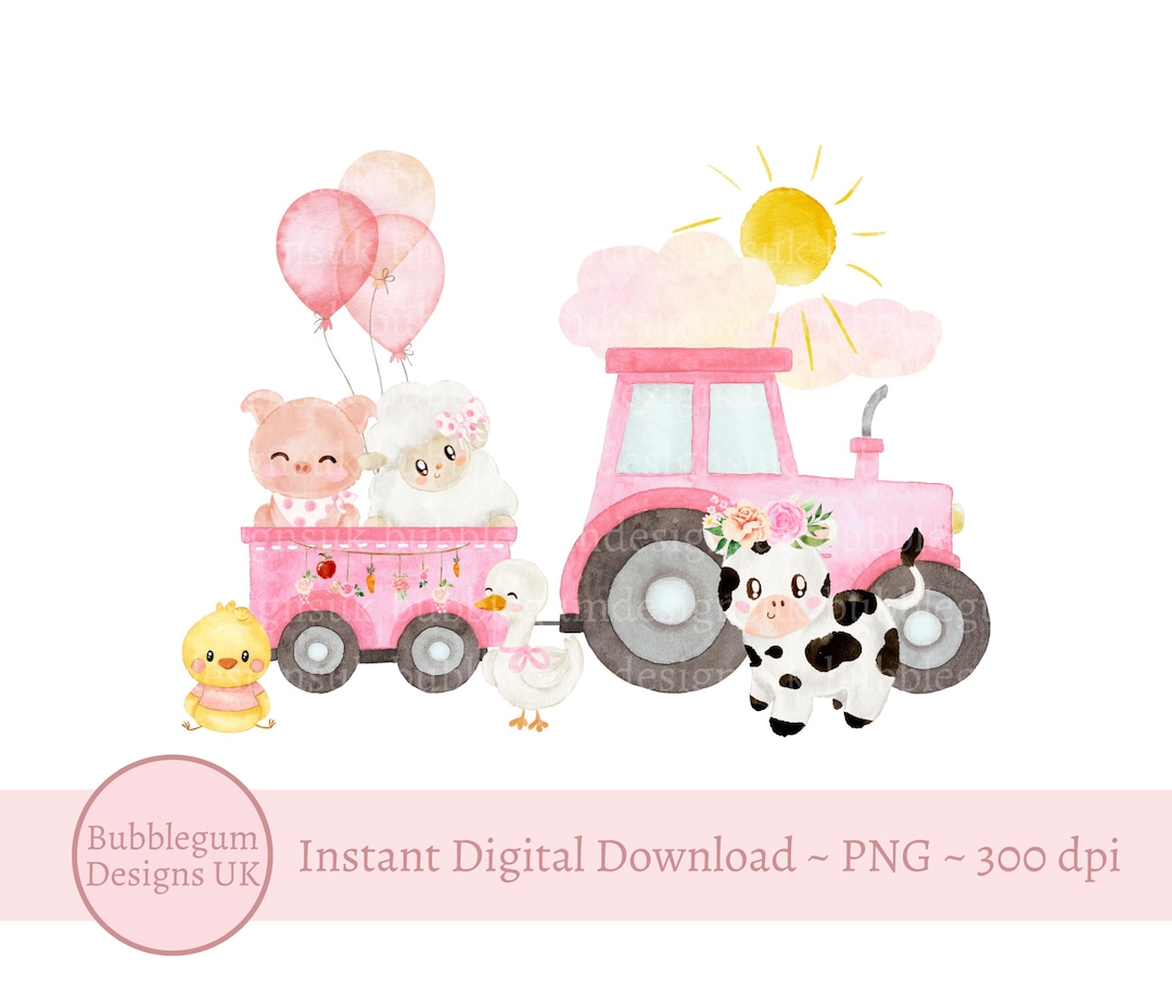 Pink Farm Tractor PNG, Farm Animals Sublimation Design, Girls Farm ...
