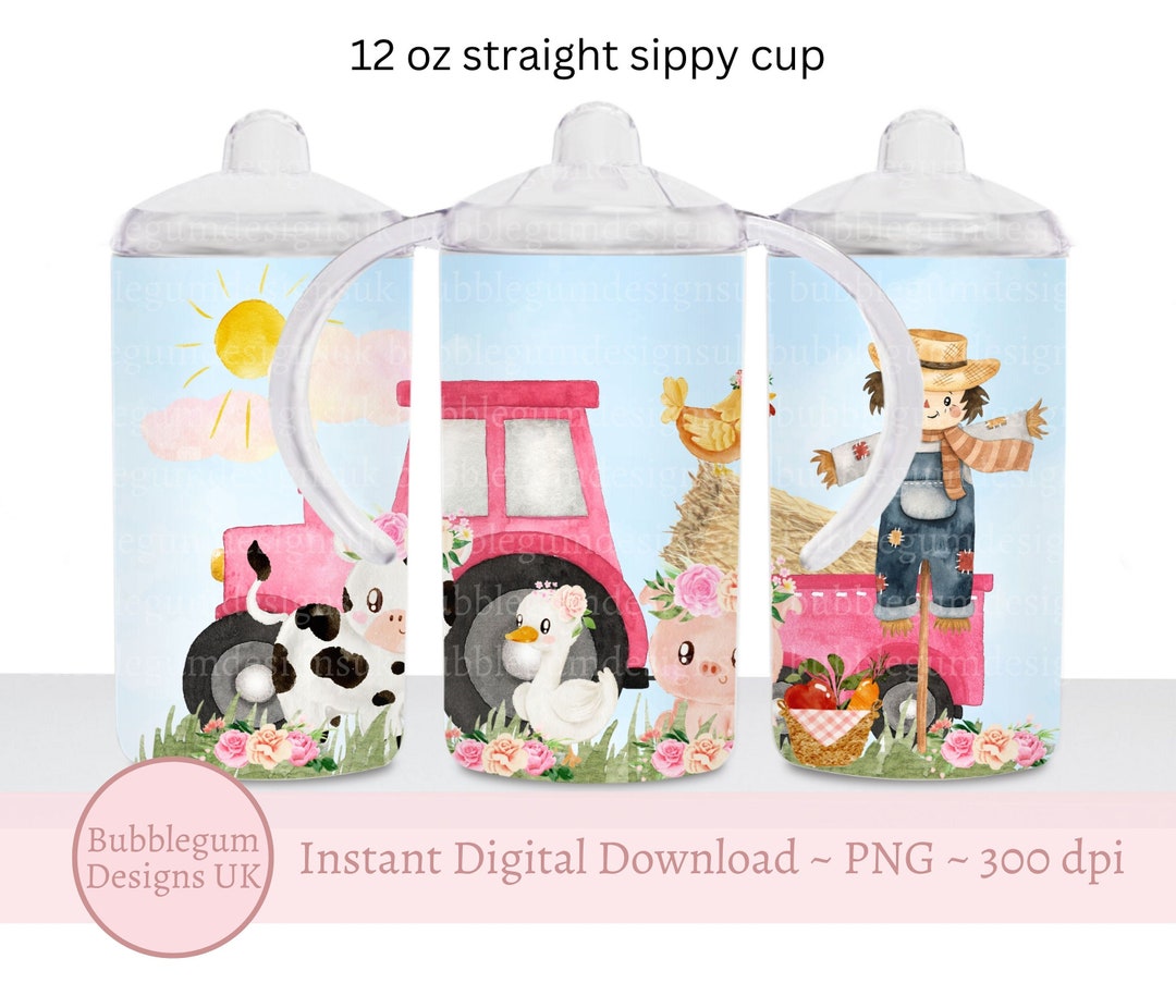 Pink Tractor & Farm Animals 12oz Straight Sippy Cup Sublimation Design ...