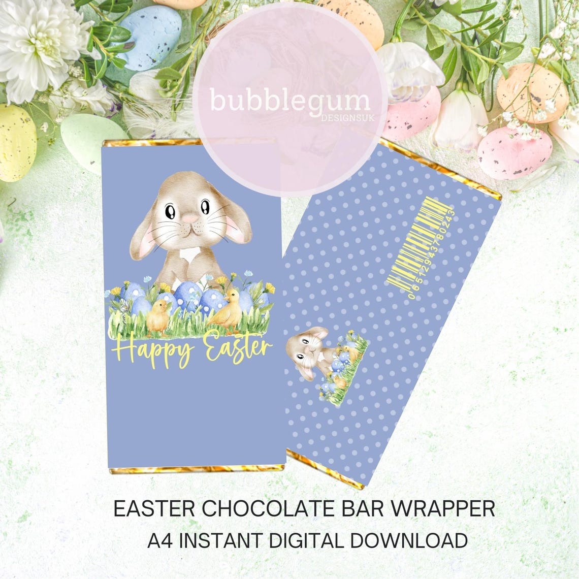 Printable Easter Chocolate Bar Wrapper, Blue Easter Bunny & Eggs Design ...