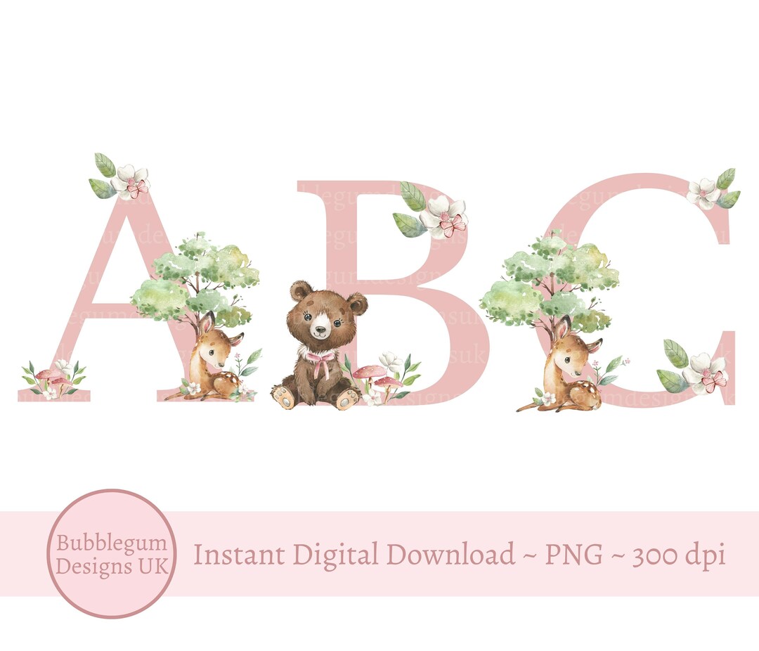 Pink Woodland Alphabet PNG, Woodland Deer, Woodland Bear, 26 Individual ...