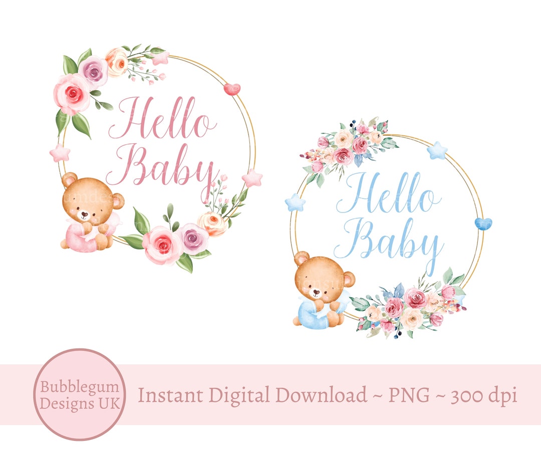 Set of 2 Hello Baby Pink Blue Floral Teddy Bear Wreath PNG, Sublimation ...