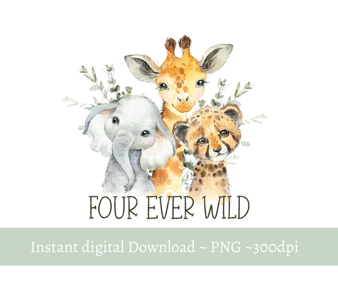 Four Ever Wild Safari Baby Animals PNG 4th Birthday T Shirt - Etsy