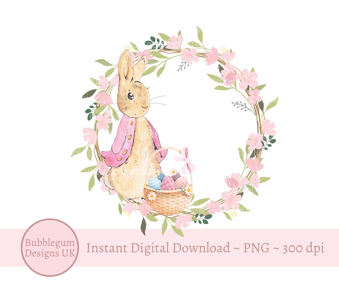 Flopsy Bunny Pink Floral Easter Wreath PNG, Bunny Sublimation Design ...