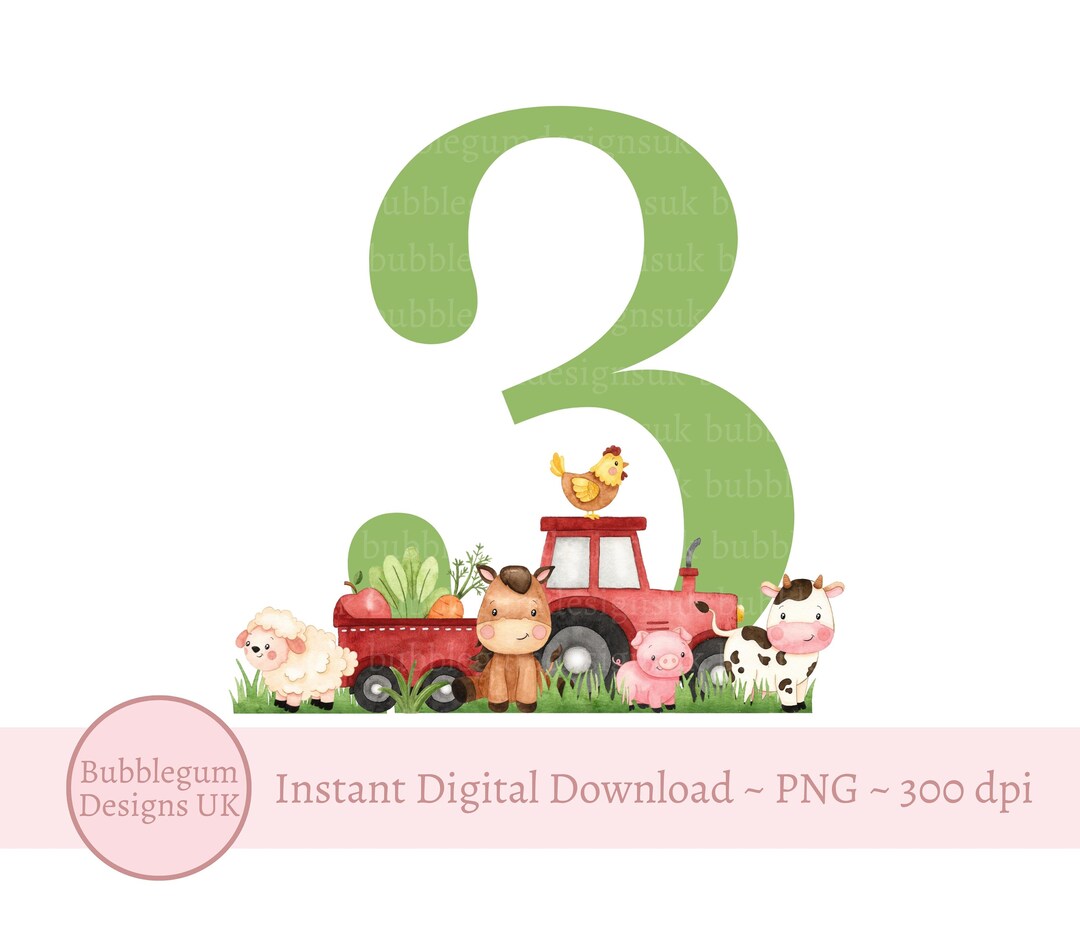 Red Tractor Farm Animal 3rd Birthday PNG, Farm Animals Sublimation ...