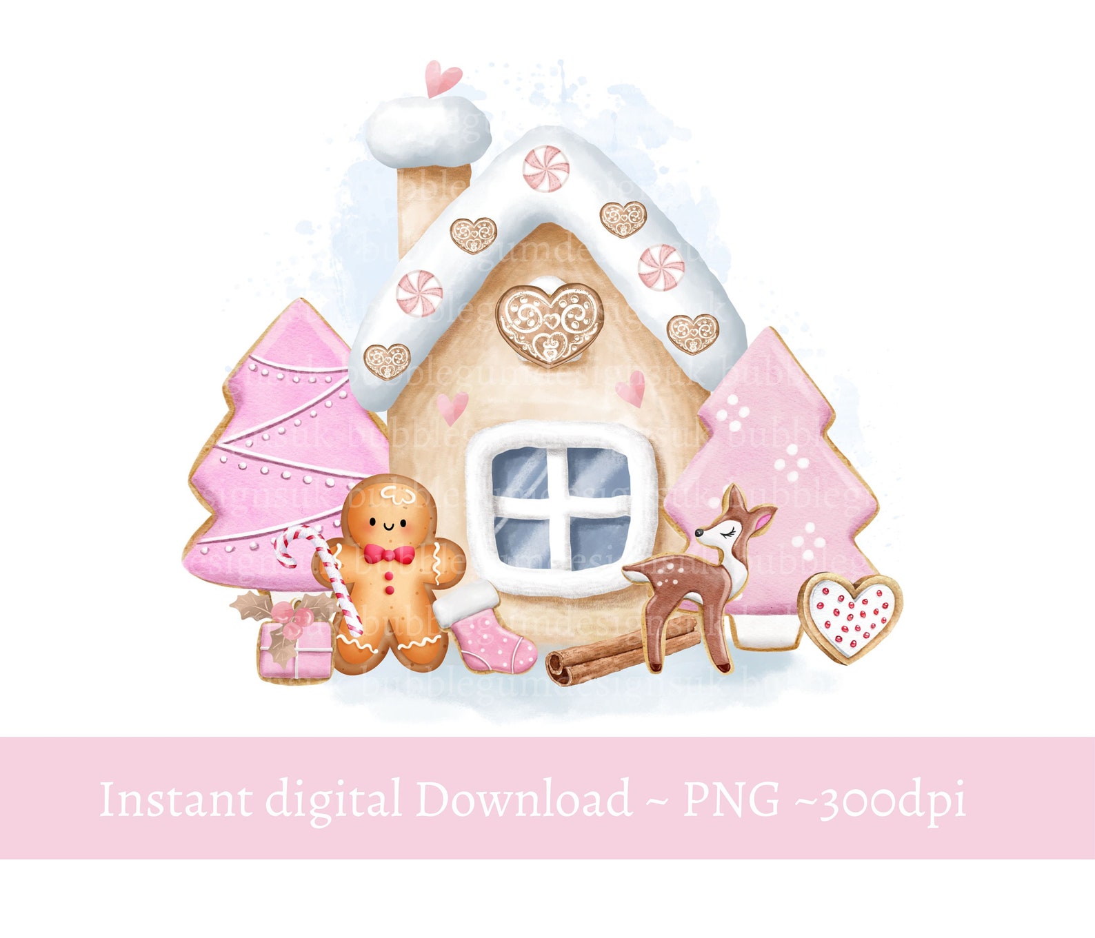 Pink Gingerbread Cookie Cottage PNG Christmas Clipart - Etsy