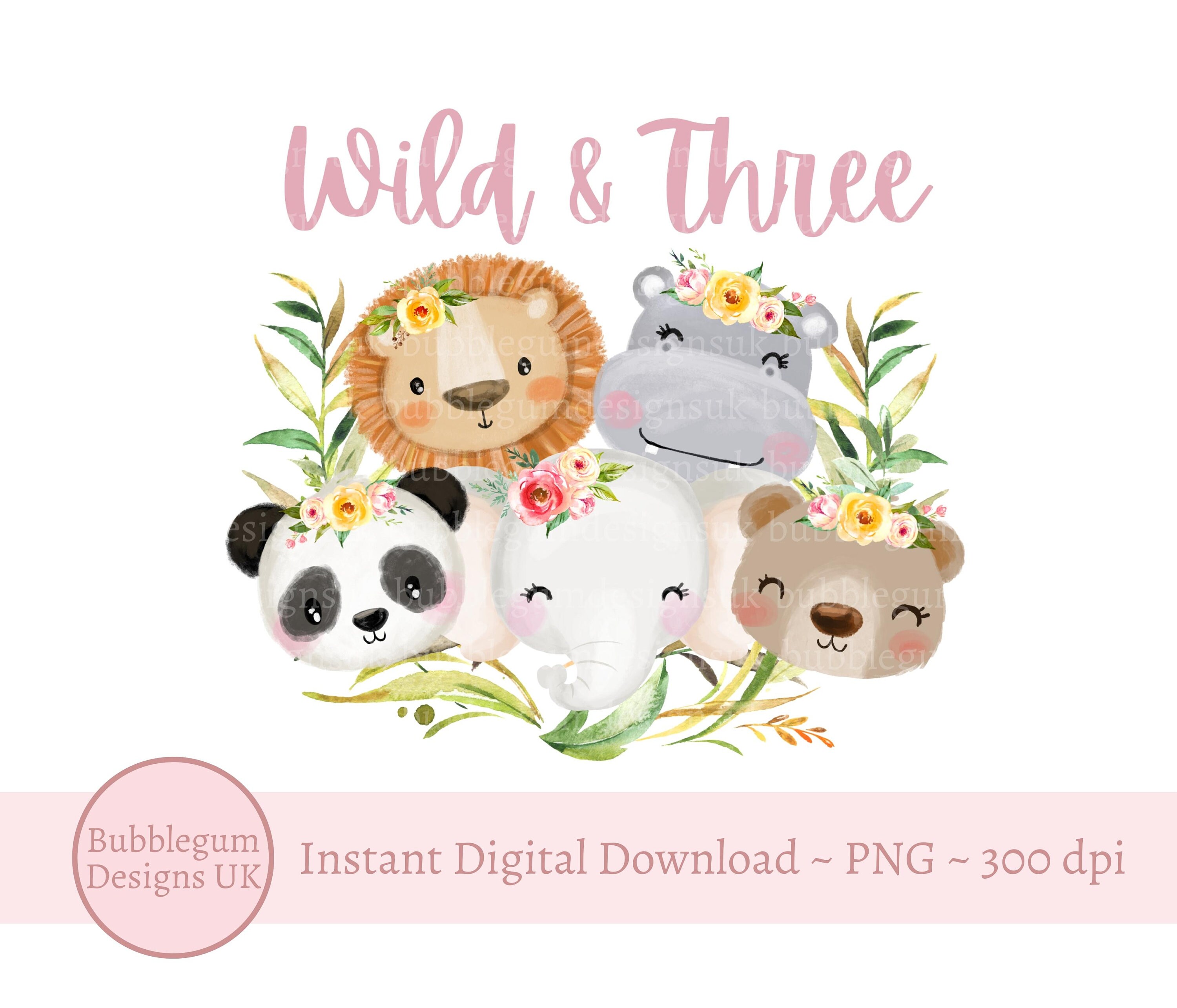Girls Wild & Three Safari Animals PNG Watercolor Baby - Etsy