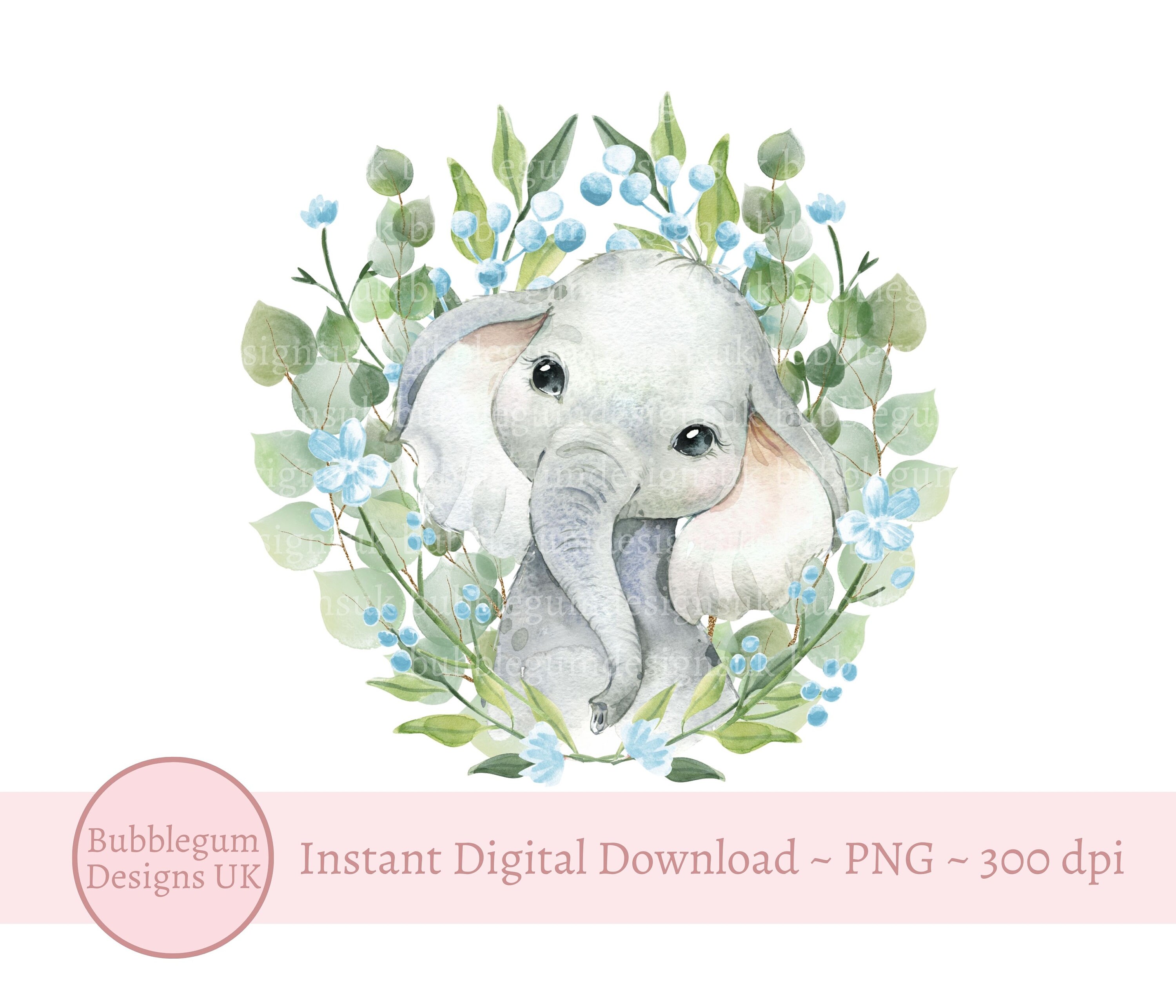 Baby Elephant Blue Floral Green Leaves PNG Safari Elephant - Etsy