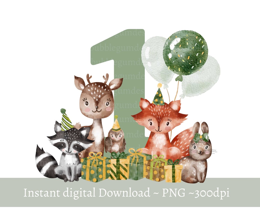 First Birthday Woodland Animals PNG Watercolor Baby Animals - Etsy